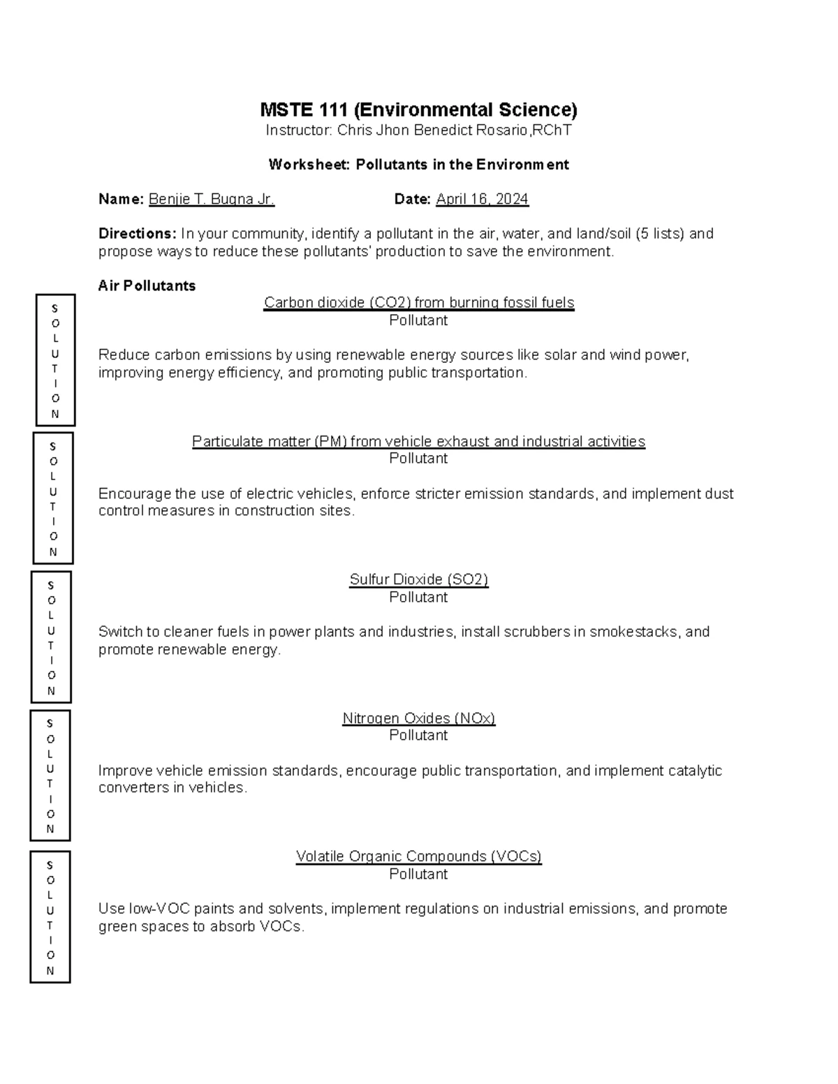 MSTE 111 Environmental Science Worksheet: Pollutants & Solutions - Studocu