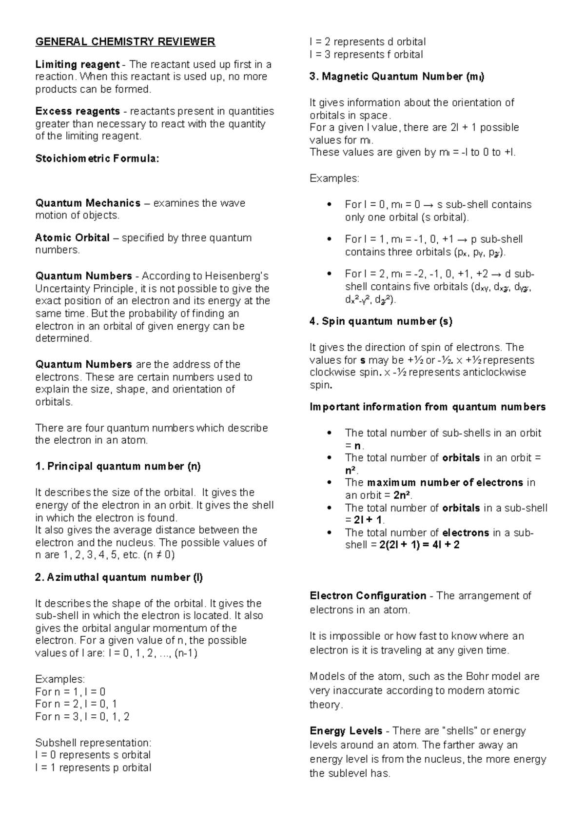 Genchme-revi 091541 - Notes for exam ig - GENERAL CHEMISTRY REVIEWER ...