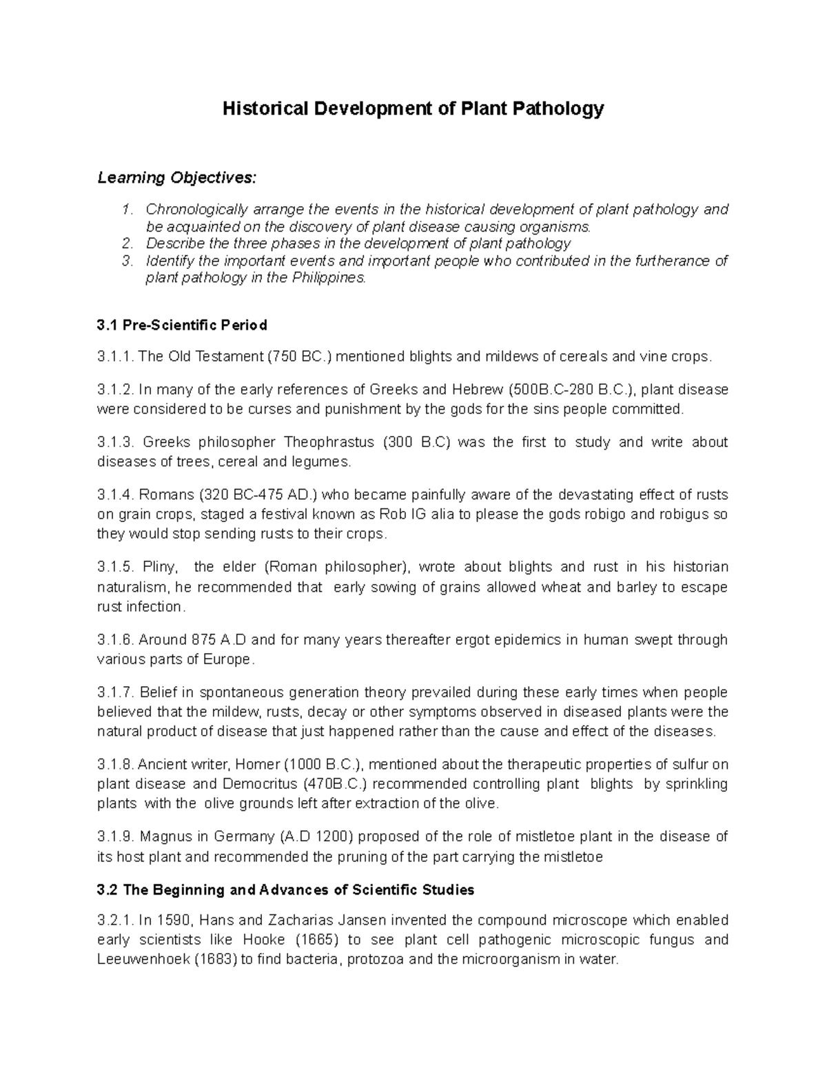 Historical Development of Plant Pathology - Chronologically arrange the ...