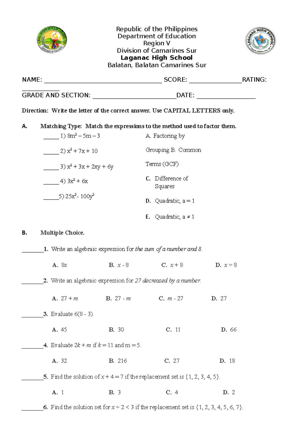 Math 8 - 1st Quarter Exam Review and Practice Questions - Studocu