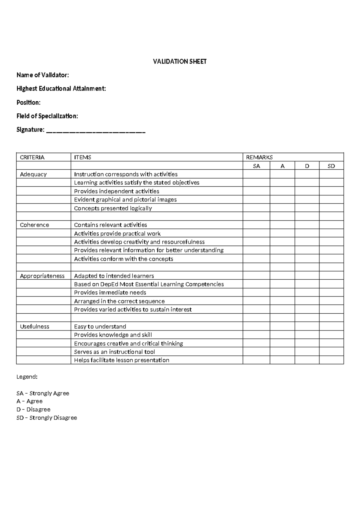 Validation Sheet for TOOL 1: Criteria & Feedback Summary - Studocu