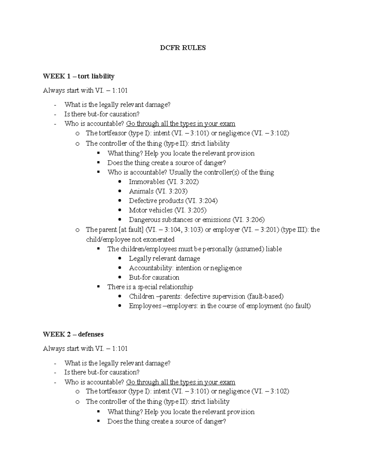 DCFR Tort Liability & Defenses Overview: Week 1-3 Guide - Studeersnel