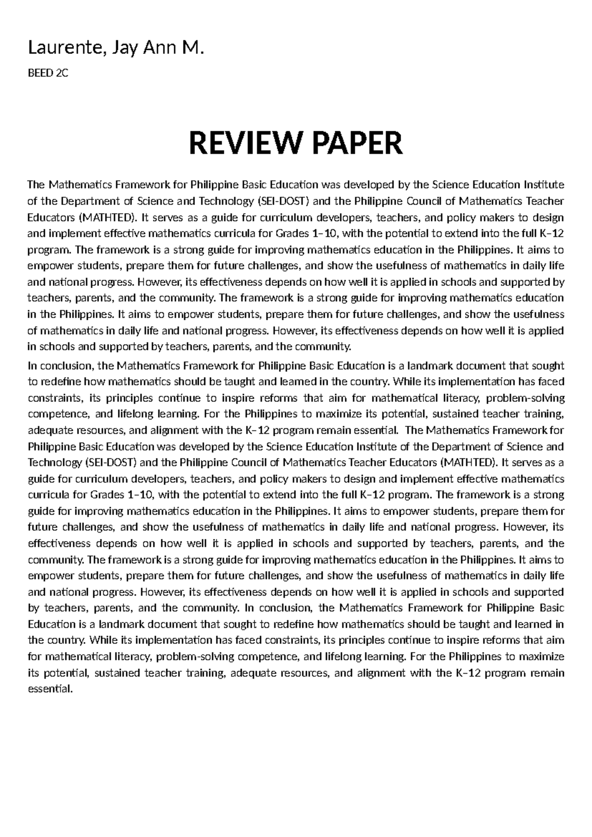 BEED 2C REVIEW PAPER: Mathematics Framework for Philippine Education ...