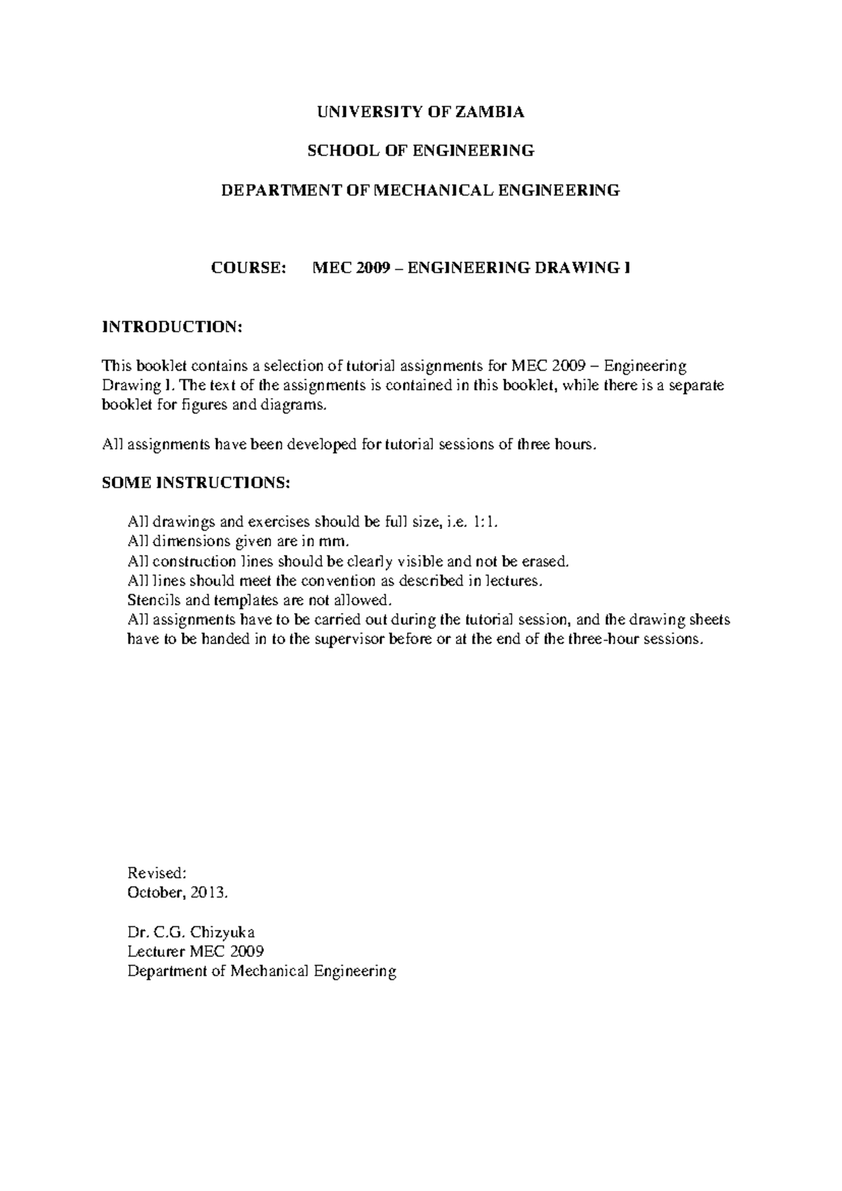 MEC 2009 Engineering Drawing I: Tutorial Assignment 1 - Studocu