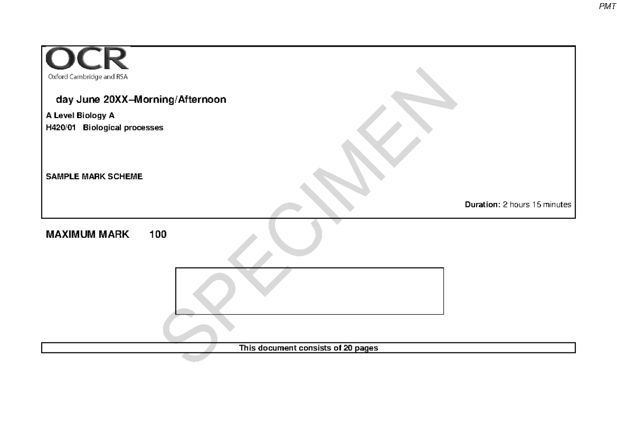 H420/01 Specimen Mark Scheme for A Level Biology June 20XX - Studocu