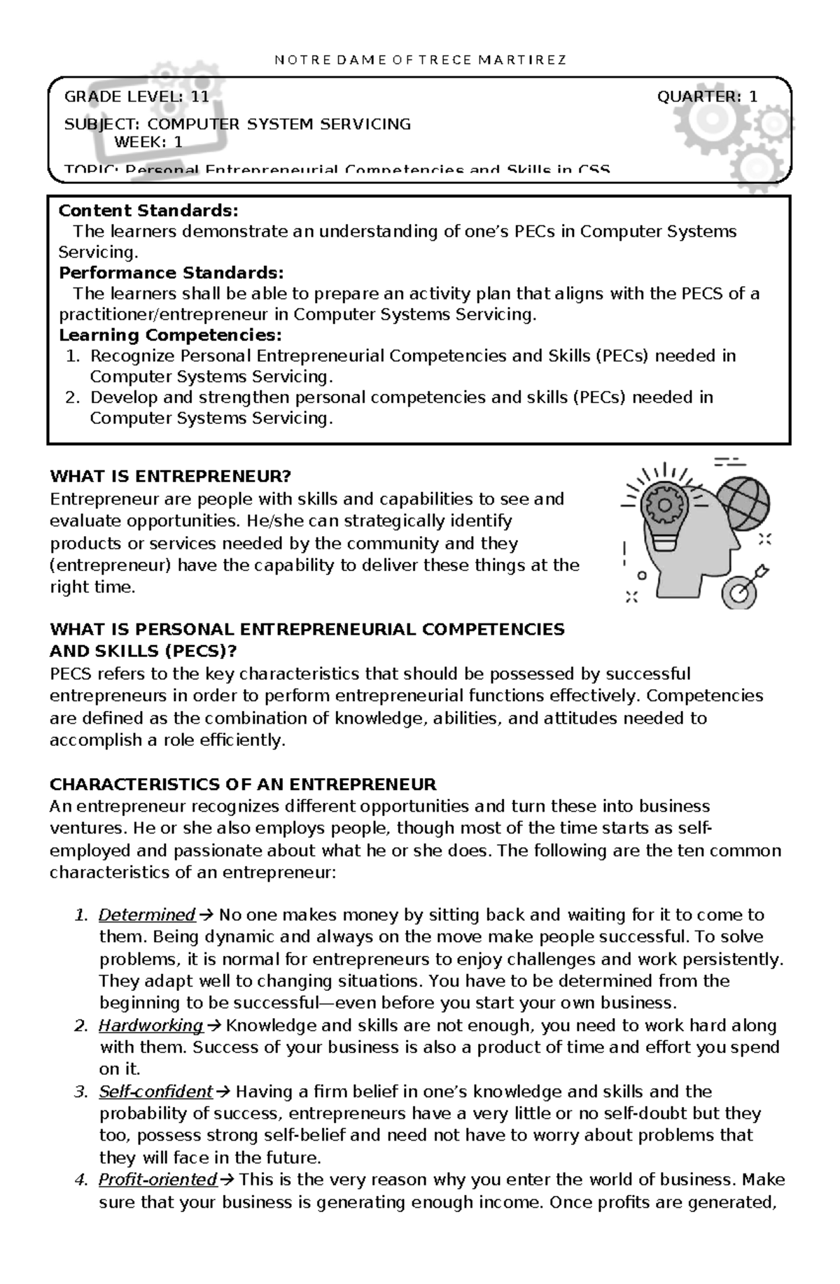 1Q CSS 11 WEEK 1 - Personal Entrepreneurial Competencies in CSS - Studocu