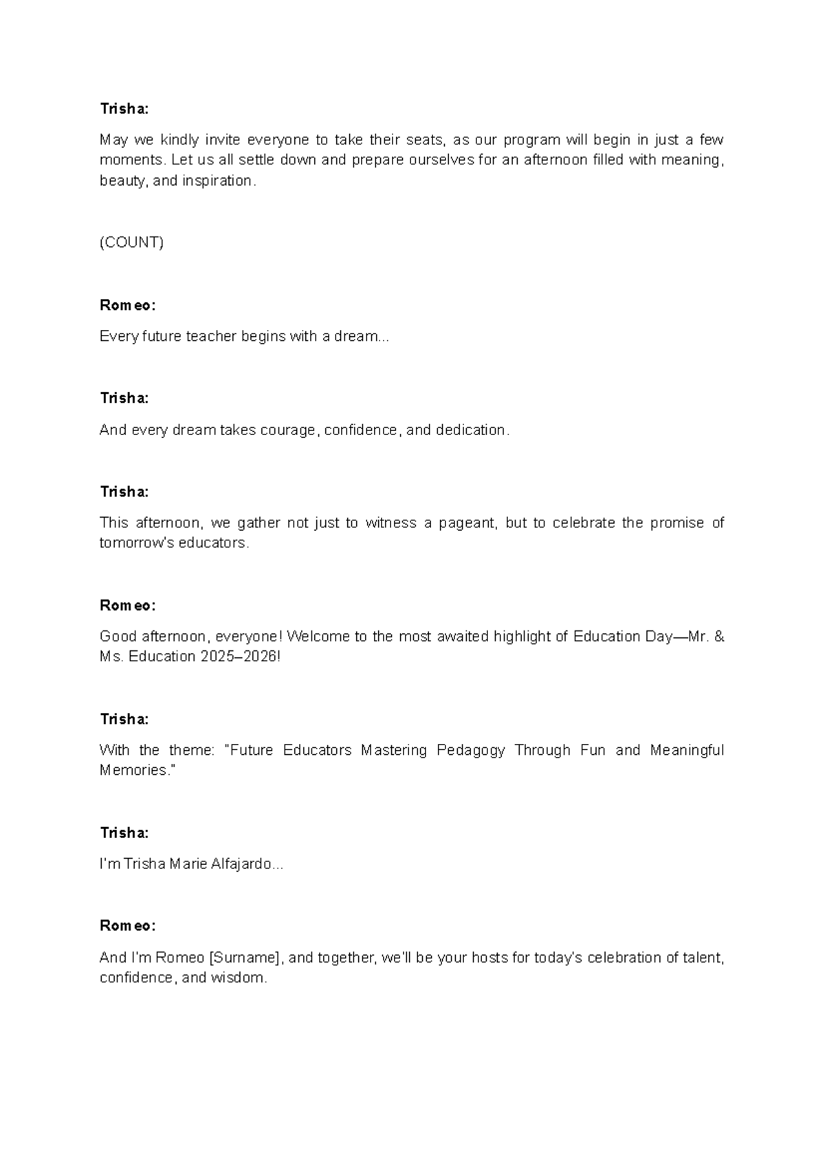 Education Day Celebration: Mr. & Ms. Education Pageant Script (EDU 101 ...