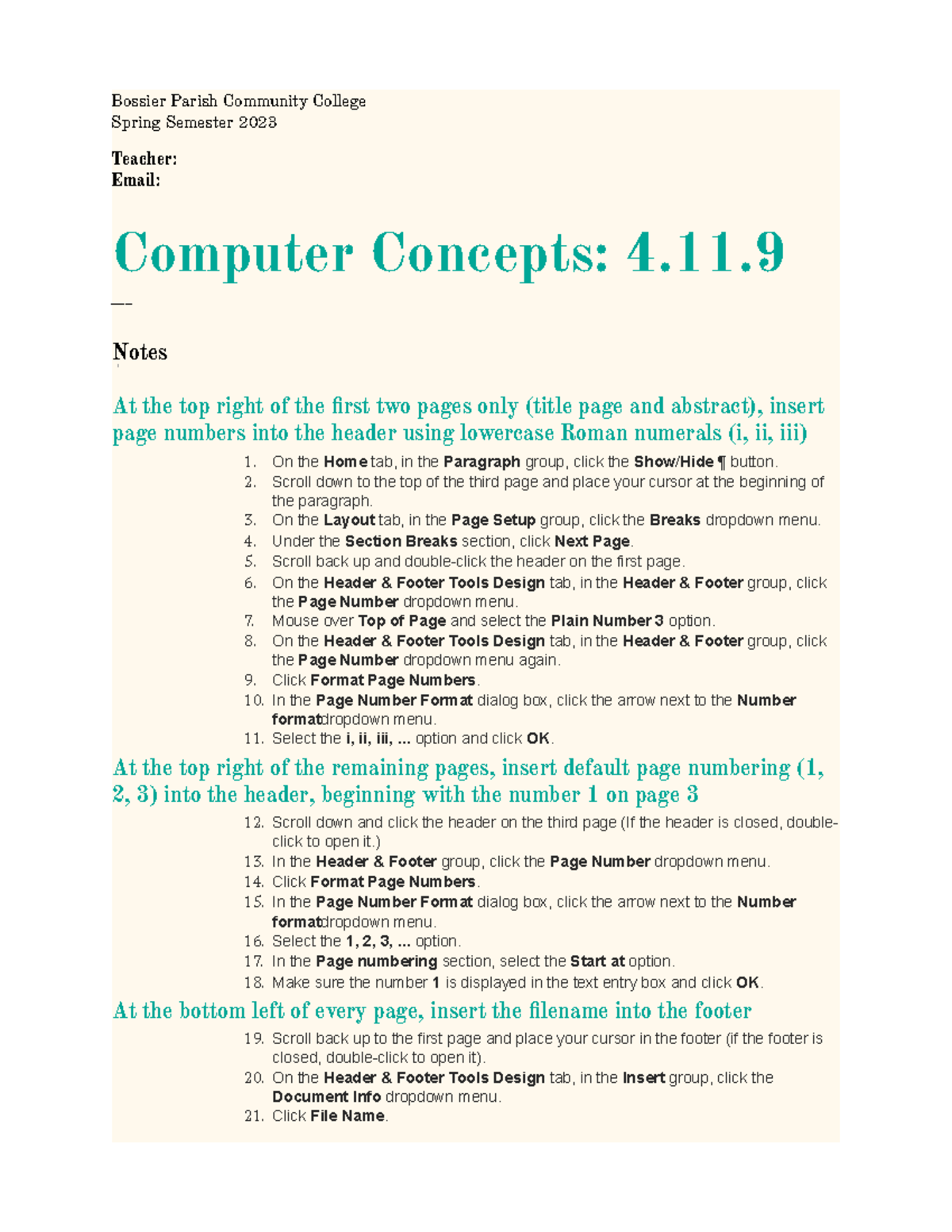 Computer Concepts 4.11.9: Formatting & Page Numbering Guide - Studocu