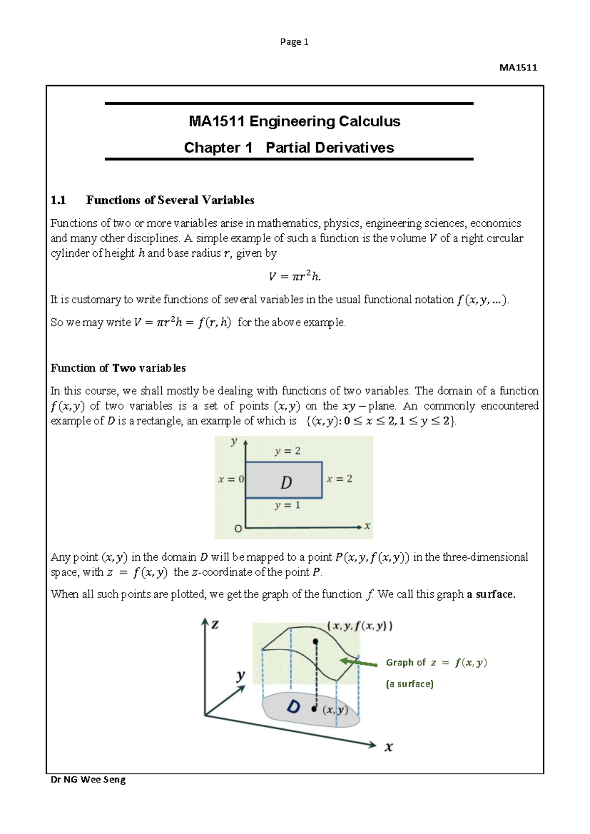 MA1511 Engineering Calculus Chapter 1: Partial Derivatives and ...