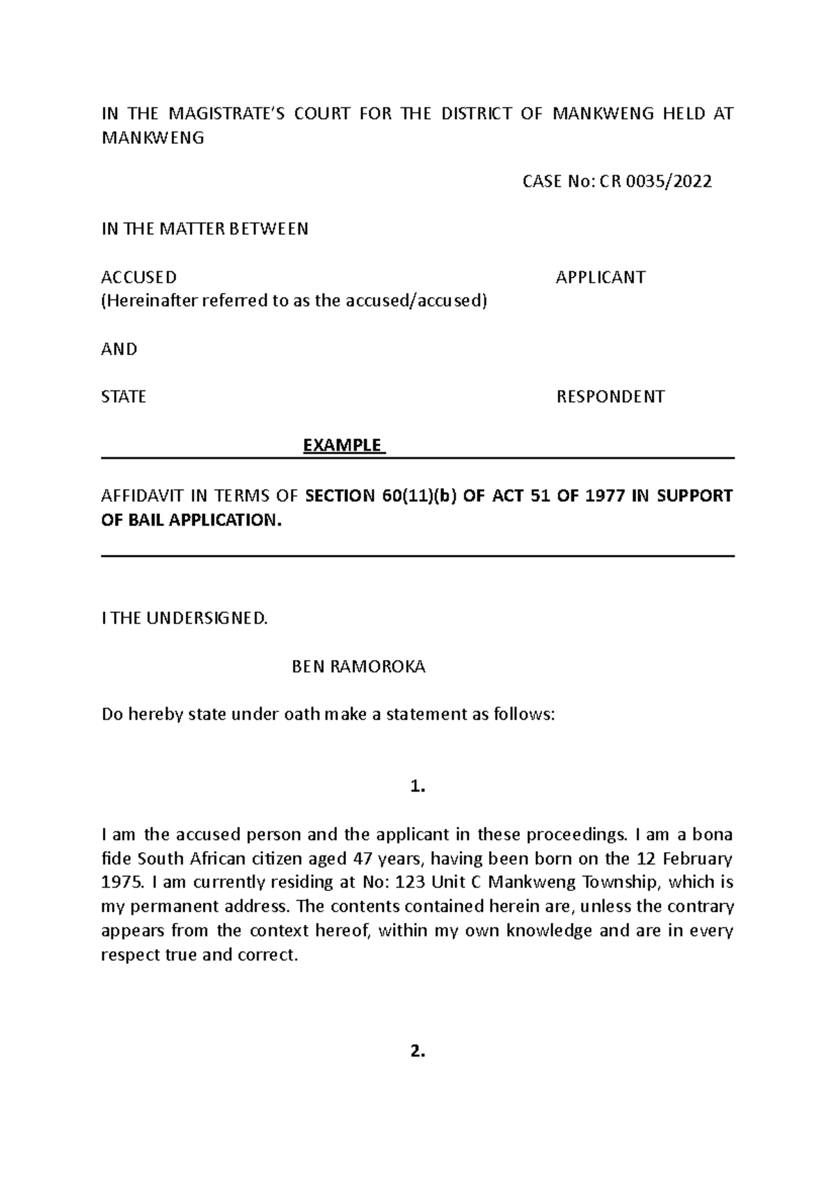 Example of a Bail Affidavit in terms of Section 60 (CR 0035) - Studocu