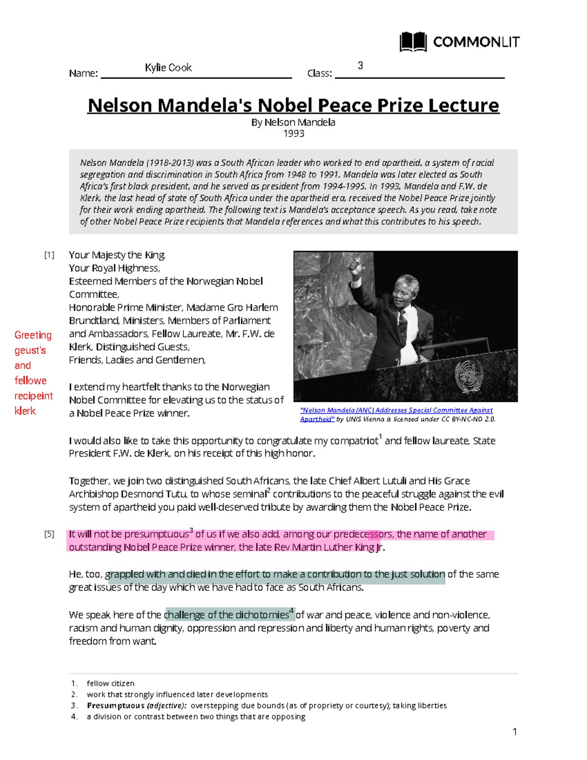 Nelson Mandelas Nobel Peace Prize Lecture - Name: Class: "Nelson ...
