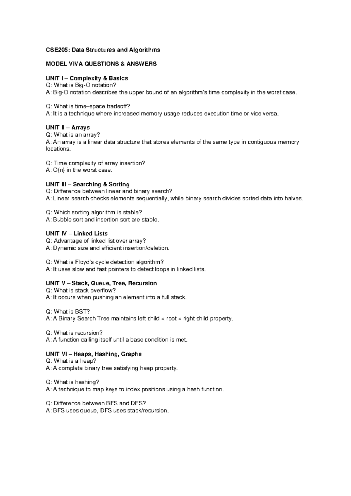 CSE205: Data Structures & Algorithms Model Viva Questions & Answers - Studocu