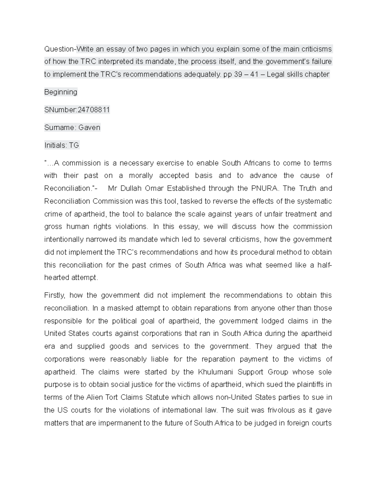 TRC Essay: Critiques of Mandate, Process & Government Failures - Studocu