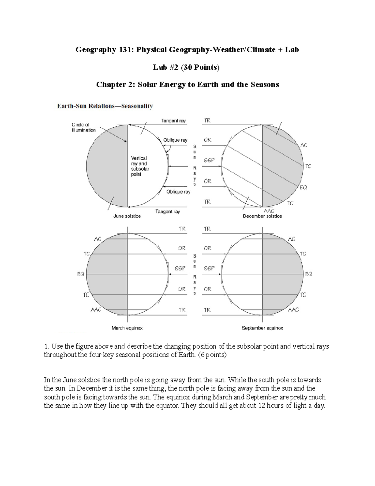 Lab for Chapter 2 Solar Energy to Earth and the Seasons - Geography 131 ...