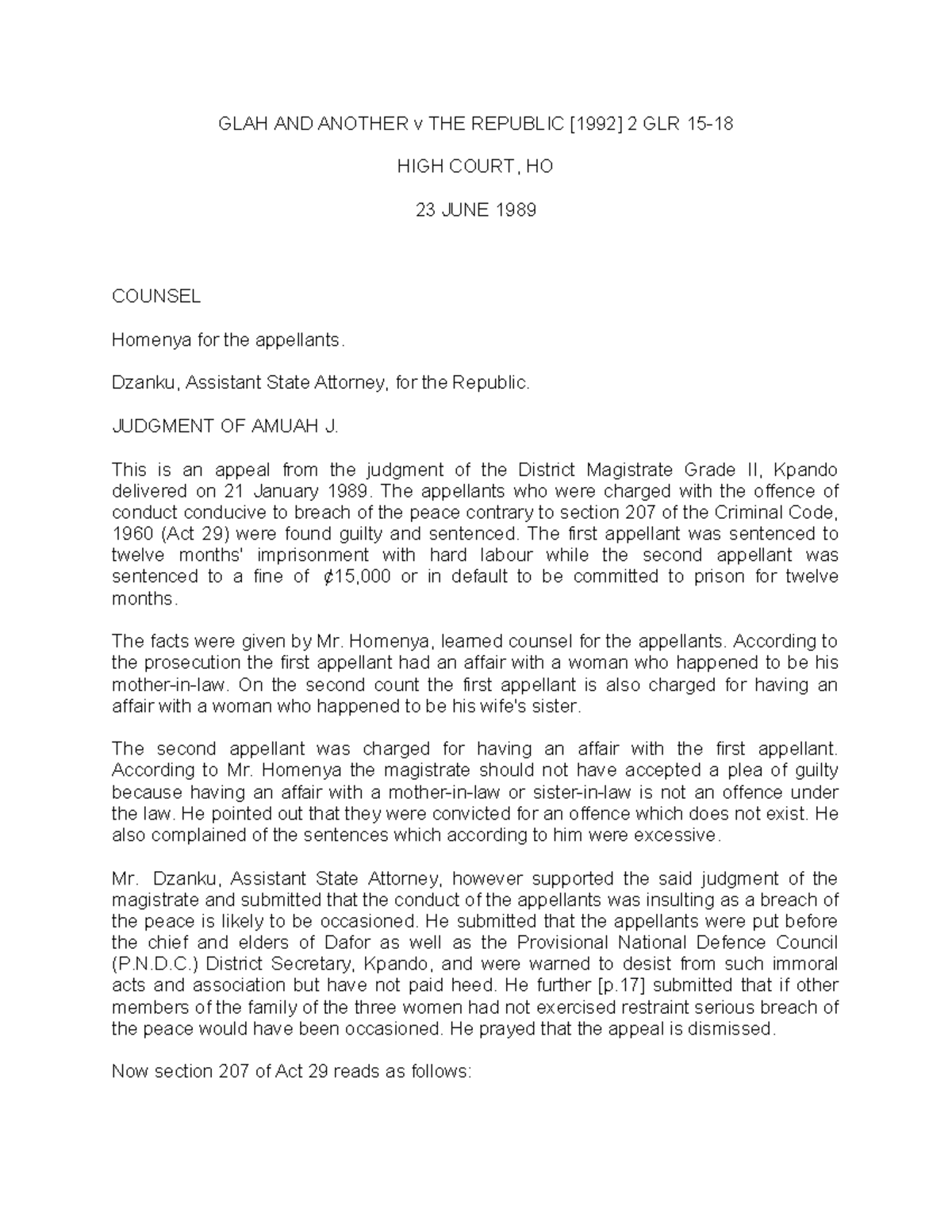 GLAH & Another v THE Republic [1992] 2 GLR Case Study Analysis - Studocu
