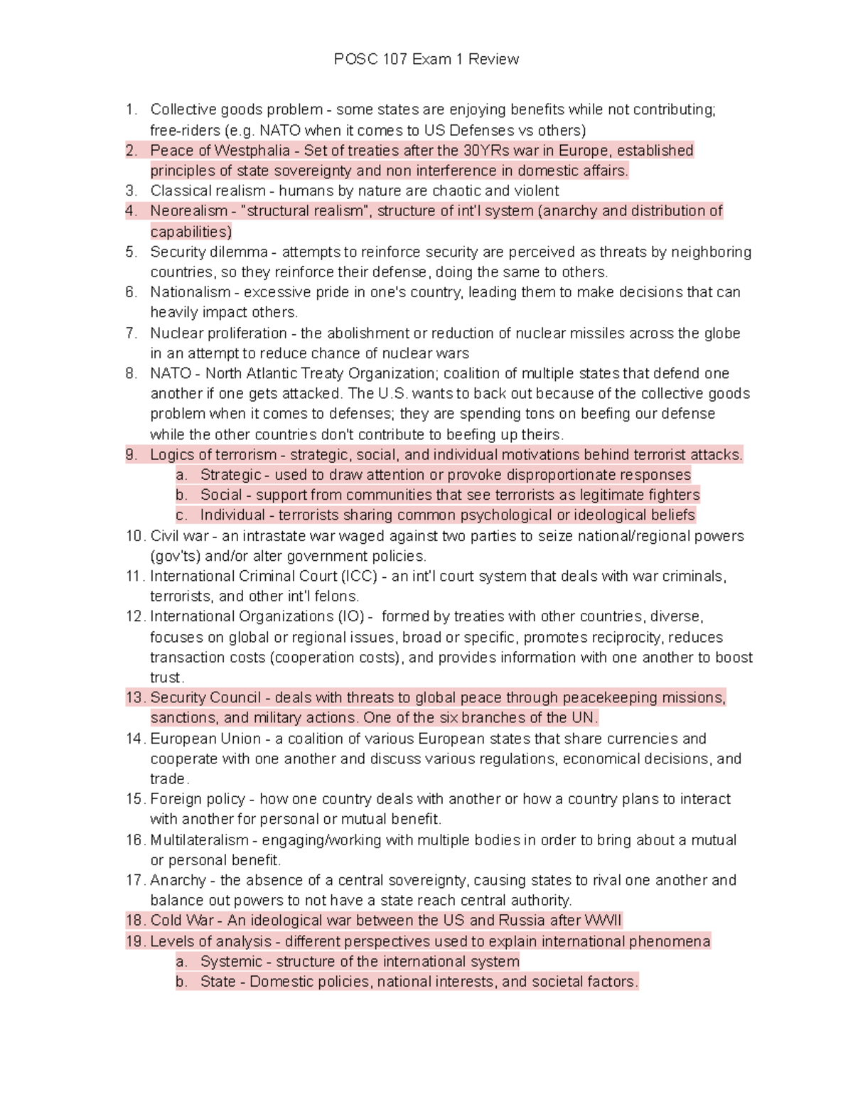 POSC 107 Exam 1 Review - Key Concepts in International Relations - Studocu