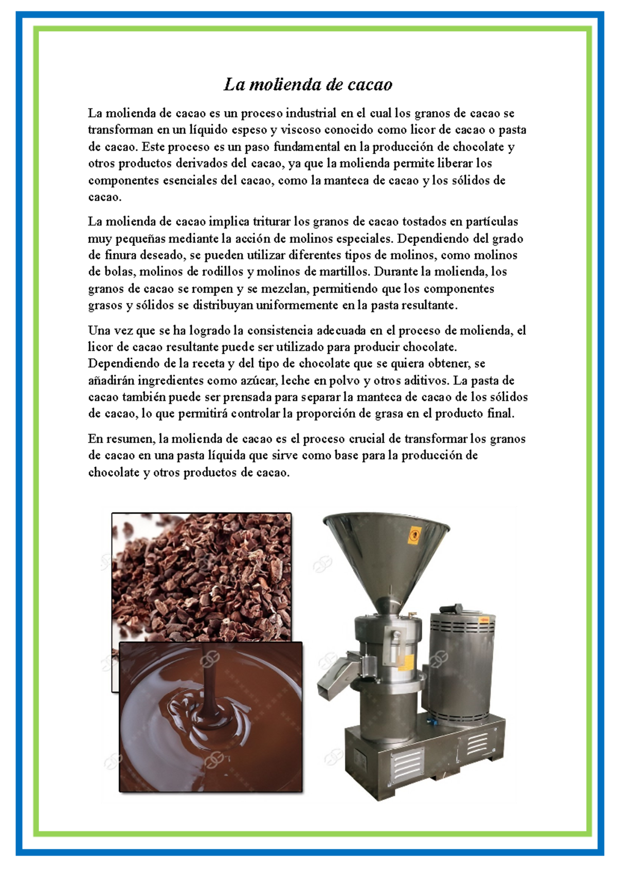 Molienda de Cacao: Proceso Esencial en la Producción de Chocolate - Studocu