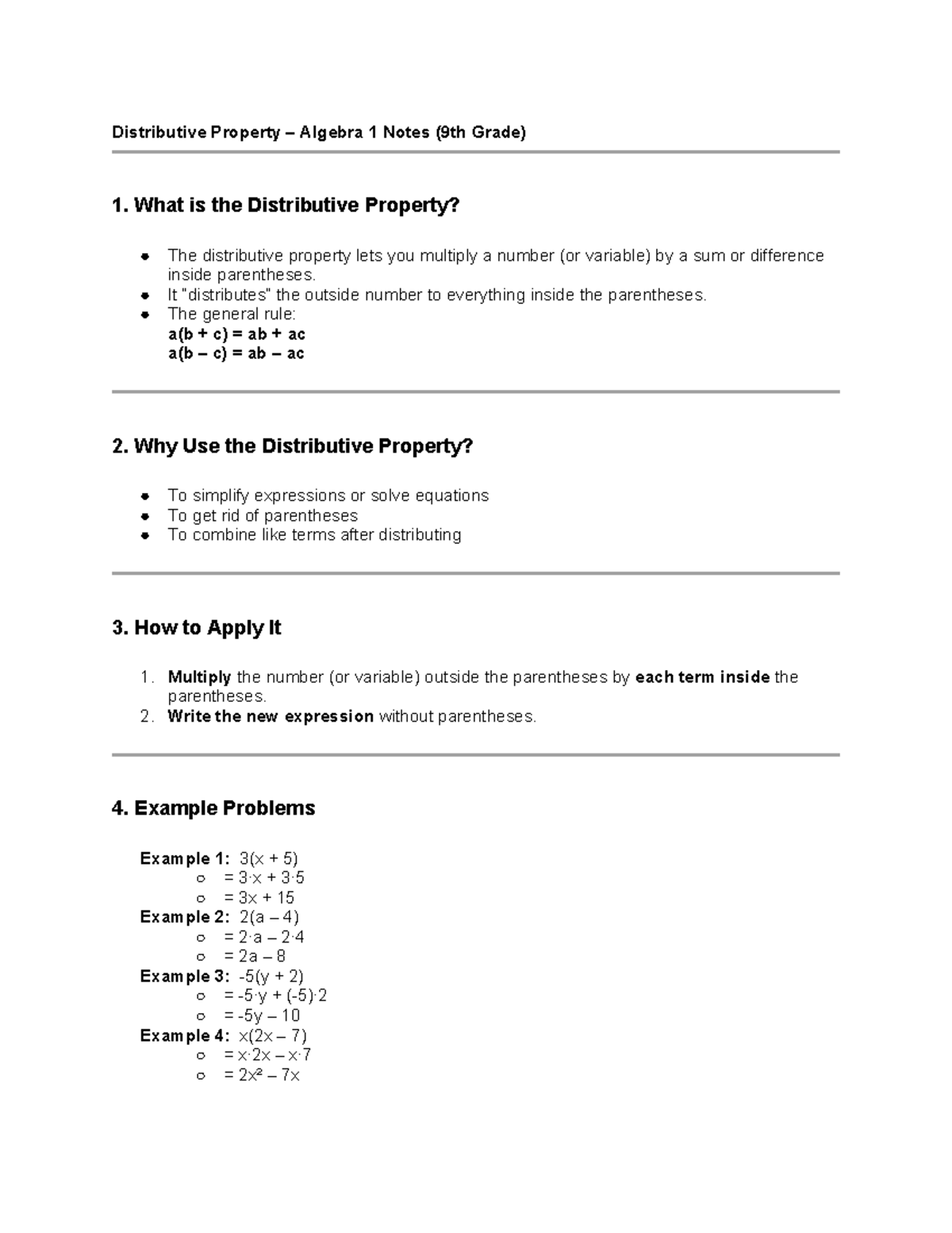 Algebra 1 Distributive Property Notes (9th Grade) - Studocu
