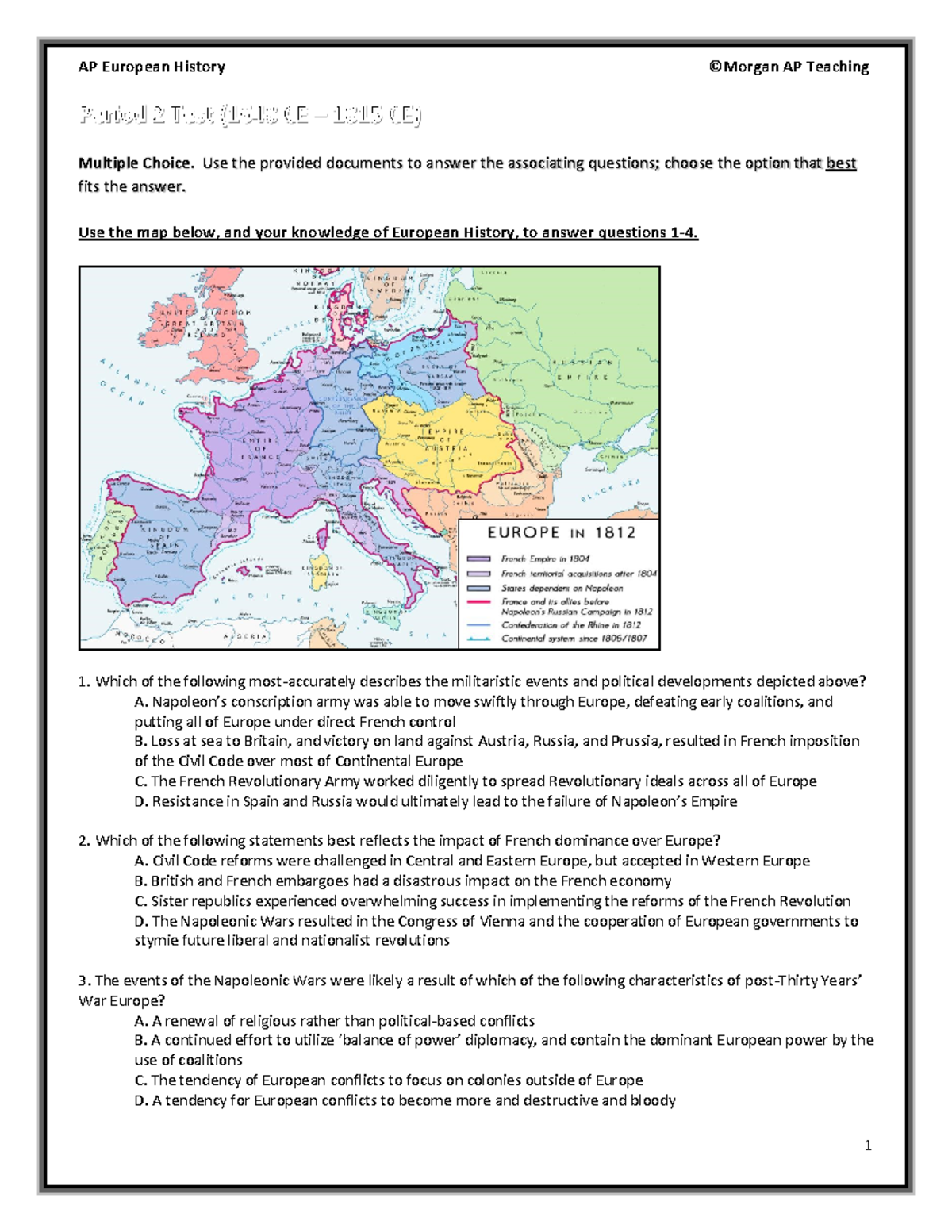Eight Sample Questions - AP European History C Morgan AP Teaching ...