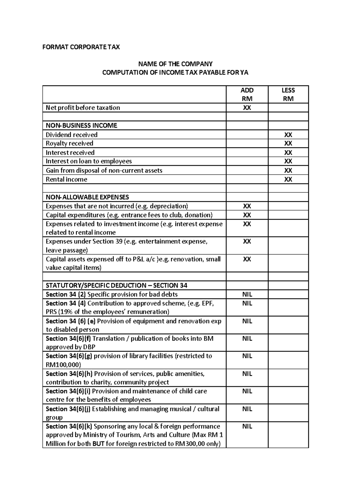 Format Corporate TAX - FORMAT CORPORATE TAX NAME OF THE COMPANY ...