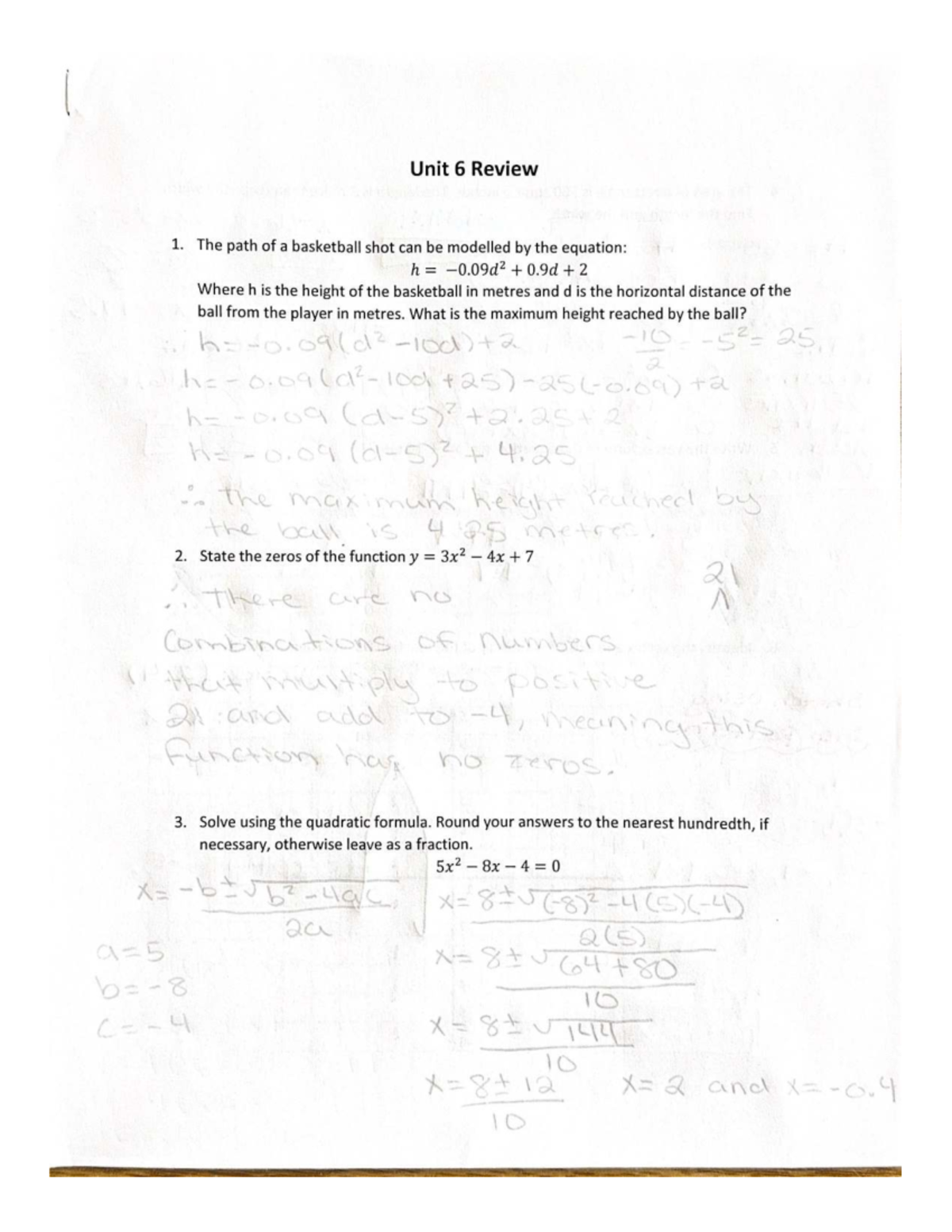 Unit 6 Review Solutions: Basketball Shot & Quadratic Functions - Studocu