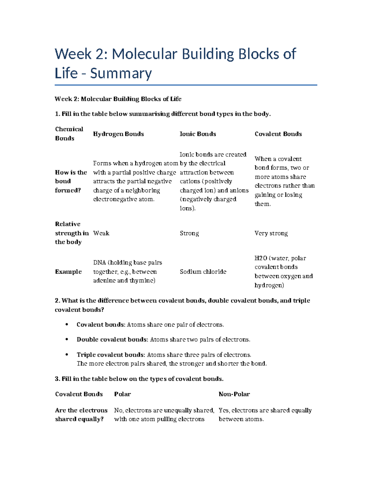 Summary Notes - W2 - Molecular Building Blocks of Life & Key Concepts ...