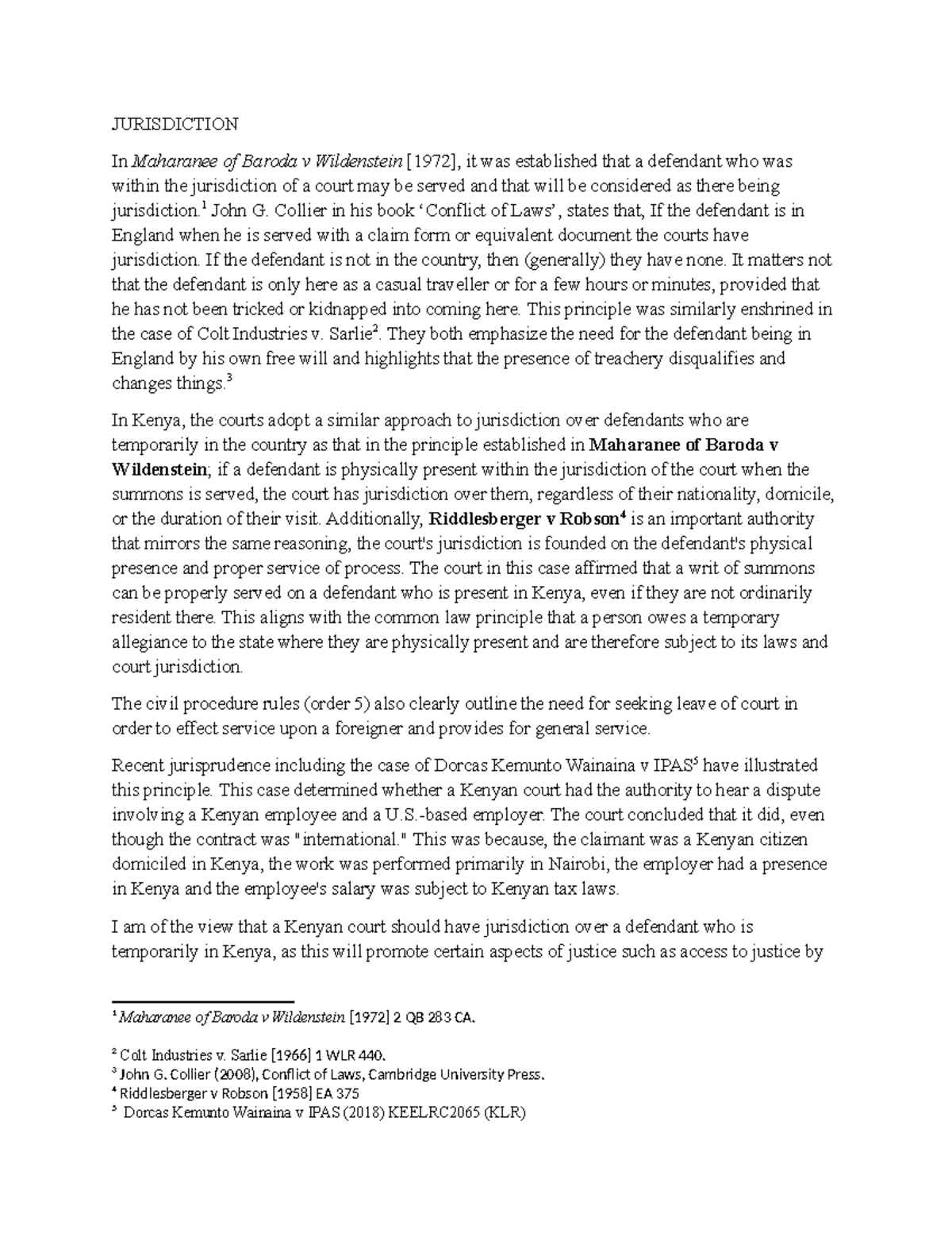 Assignment 2: Jurisdiction in Maharanee of Baroda v Wildenstein - Studocu