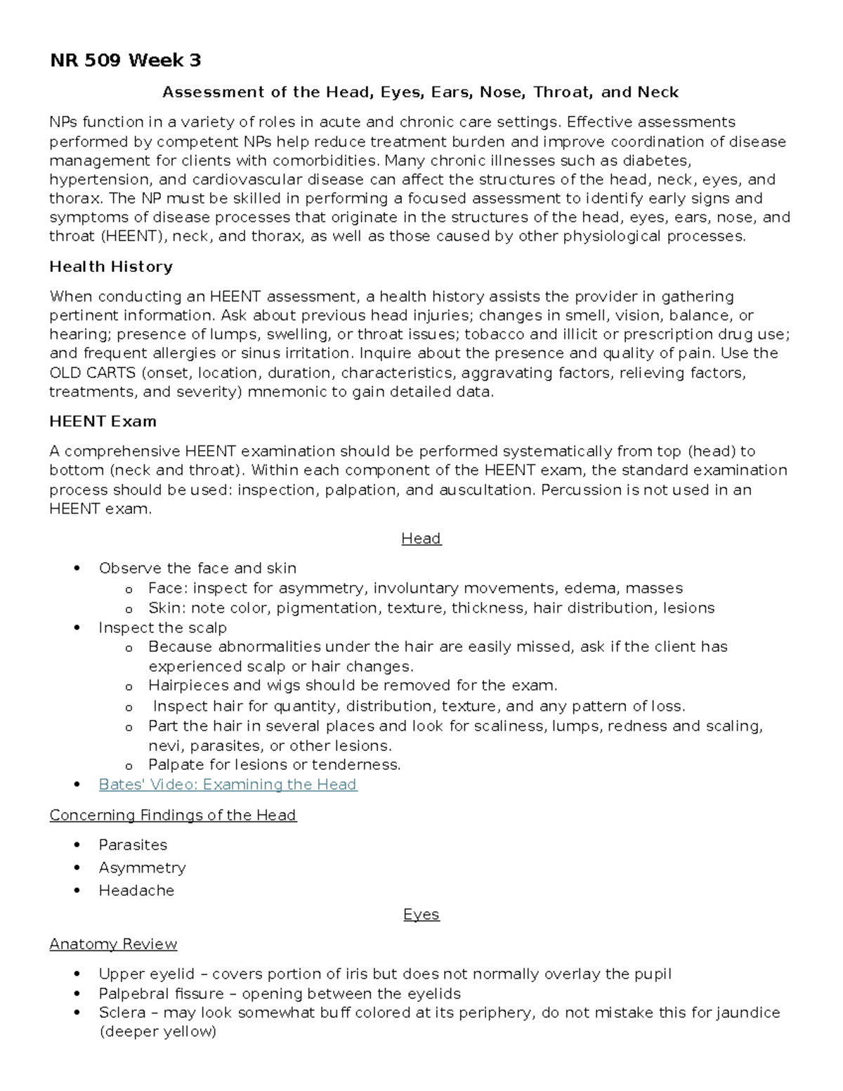 NR 509 Week 3 HEENT Assessment and Clinical Findings Notes - Studocu