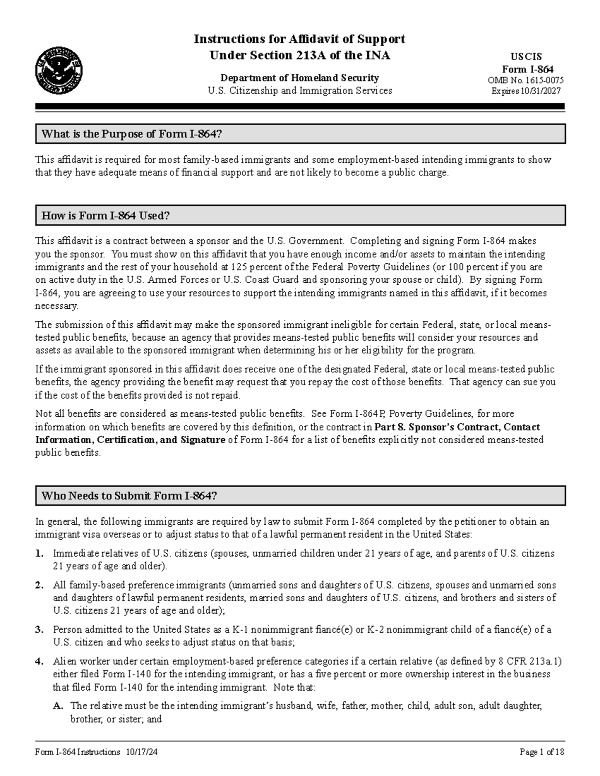 I-864 Instructions: Affidavit of Support Under INA Section 213A - Studocu