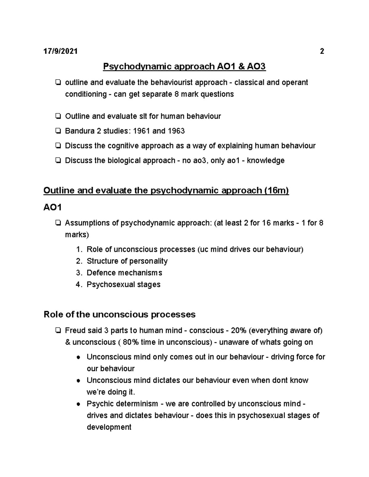 Psychodynamic Approach: Outline & Evaluation (AO1 & AO3) - Study Notes ...