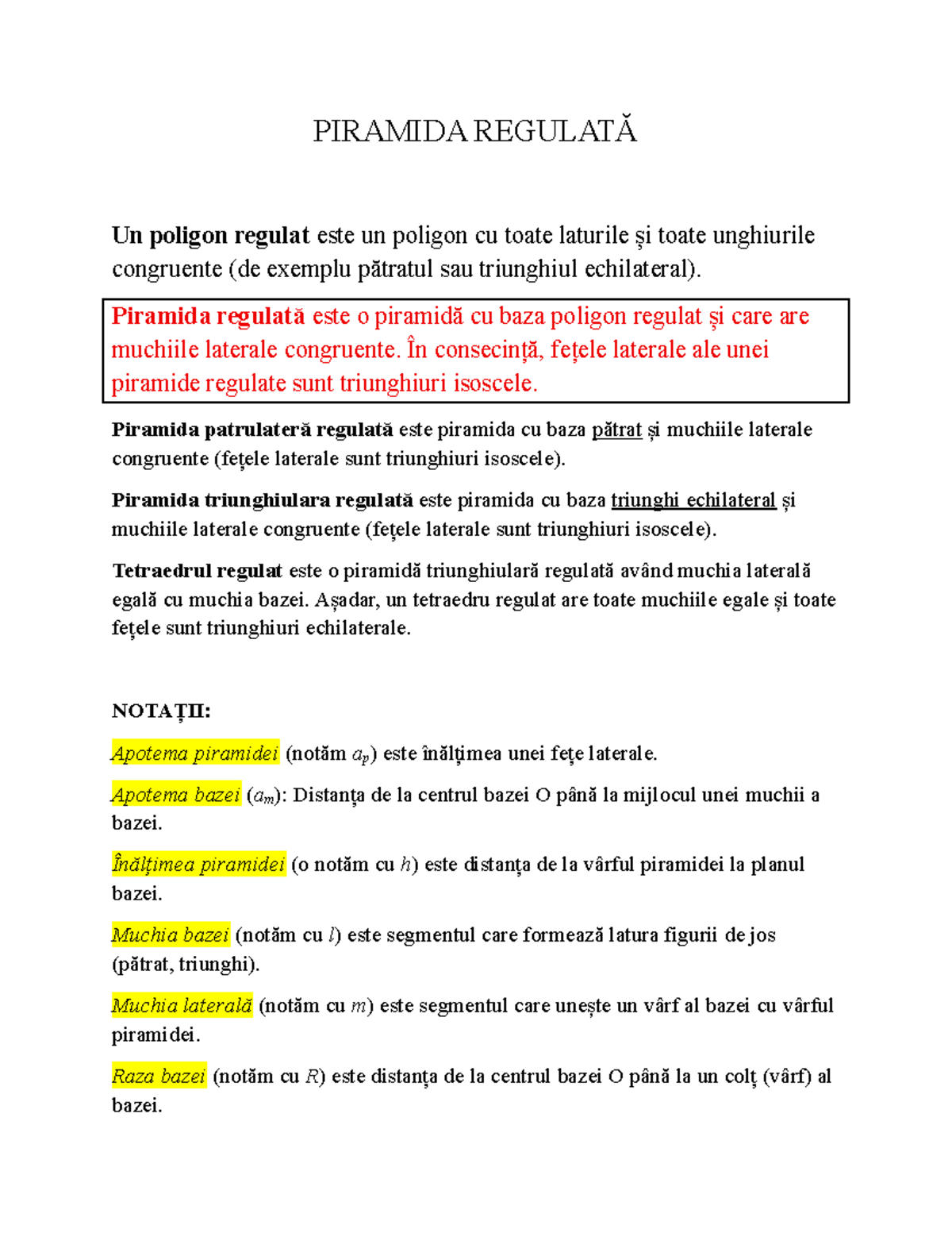 PIRAMIDA REGULATĂ: Arii și Proprietăți Geometrice - Studocu