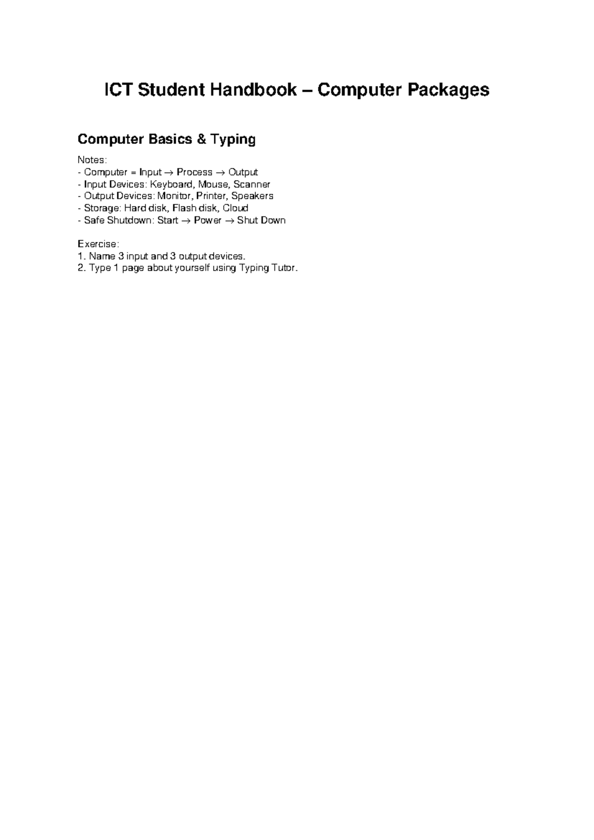 ICT Student Handbook: Computer Packages & Typing Notes - Studocu