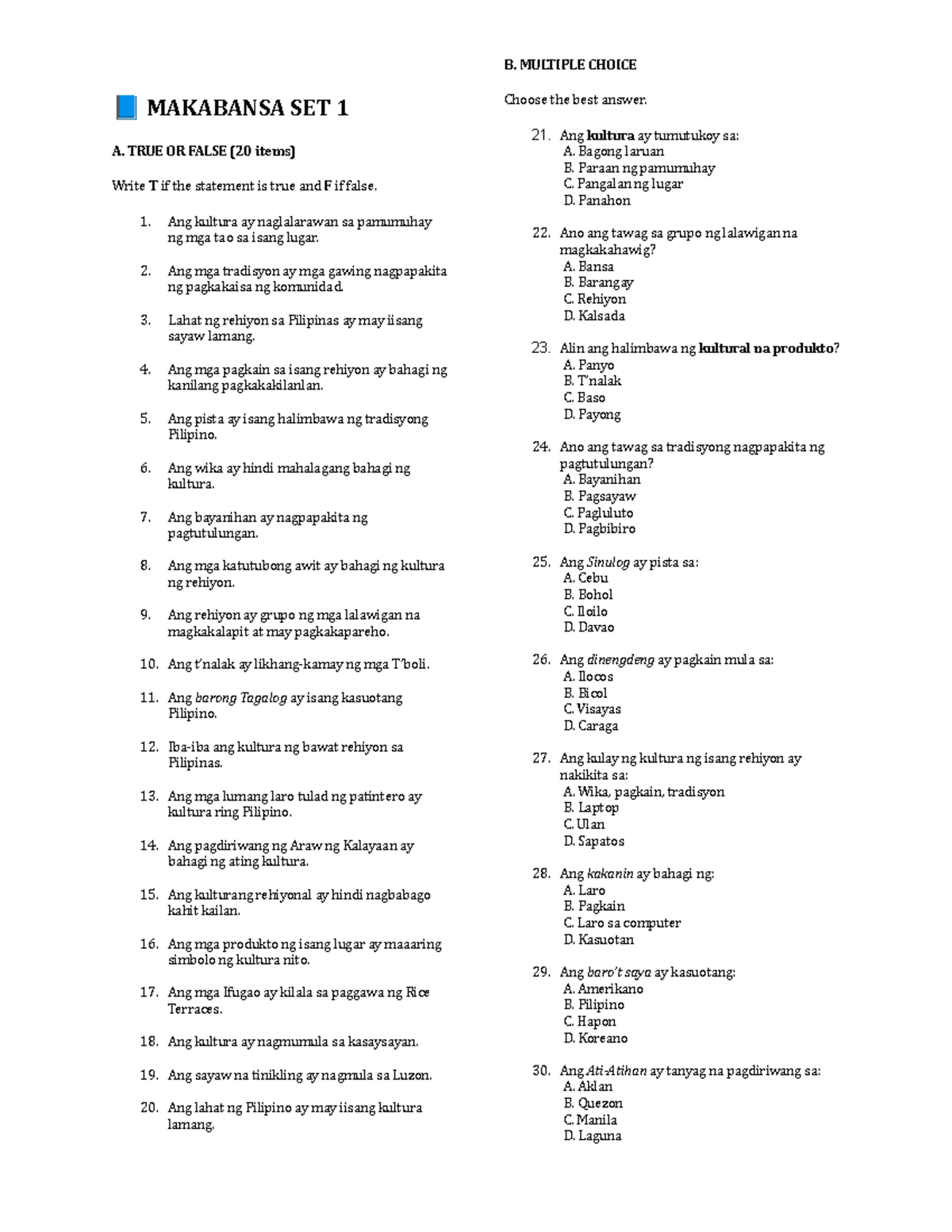 Makabansa Set 1: True or False & Multiple Choice Quiz - Studocu