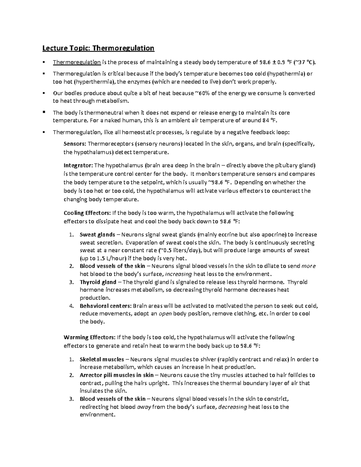 Lecture Notes on Thermoregulation: Body Temp & Homeostasis (BIO101 ...