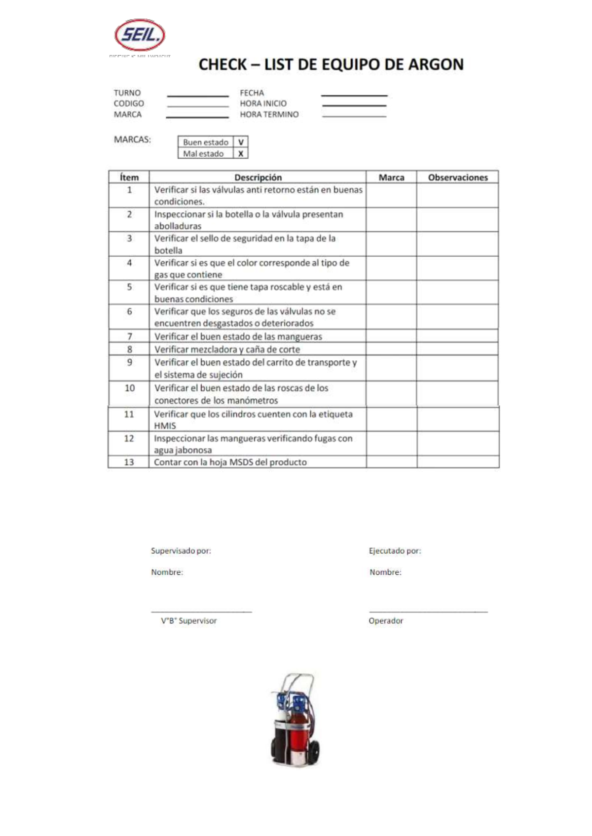 Checklist de Equipo de Argón - Proceso y Seguridad SEIL - Studocu