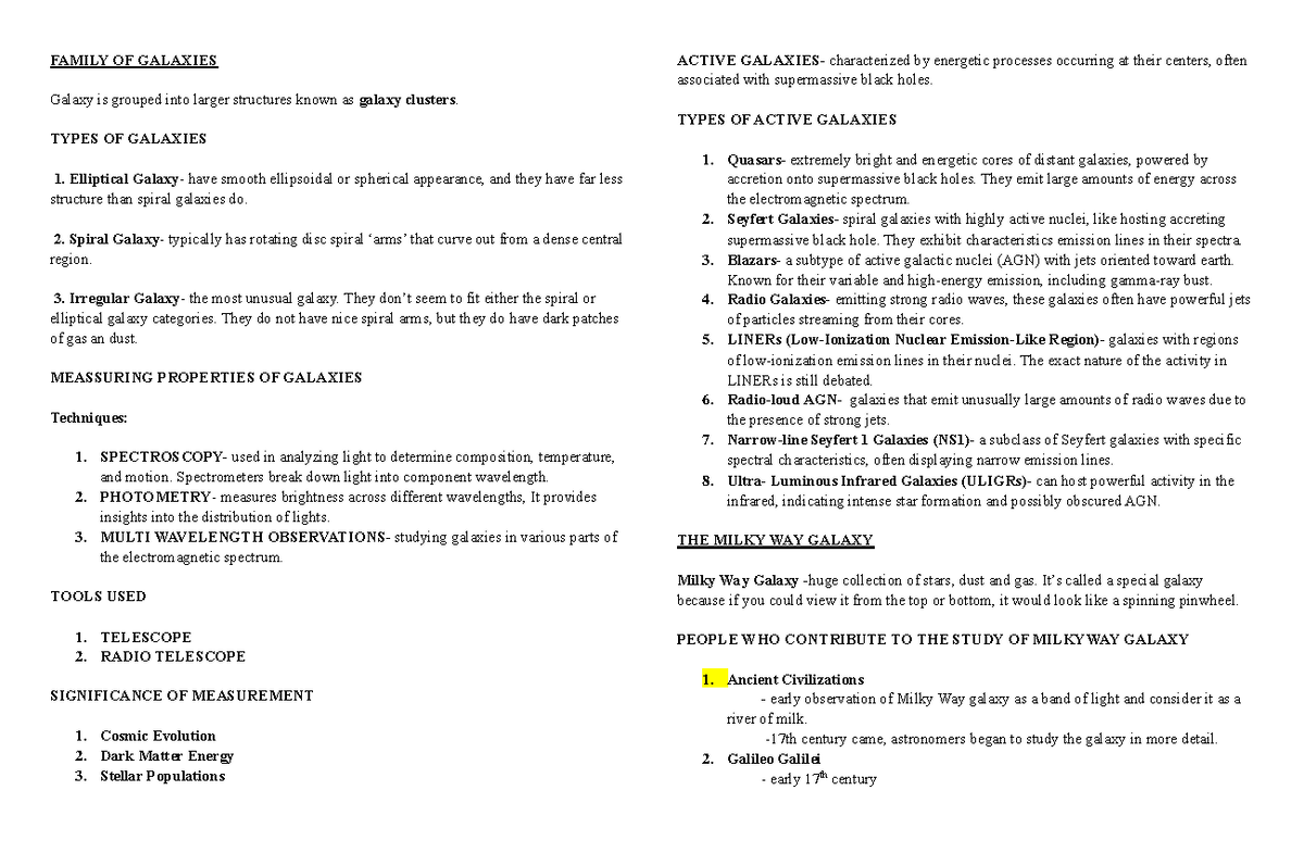 Astronomy 101: Family of Galaxies and Stellar Evolution Review - Studocu