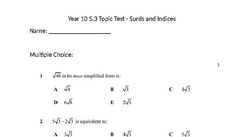 Year 10 5.3 Topic Test - Surds and Indices Exam Questions - Studocu