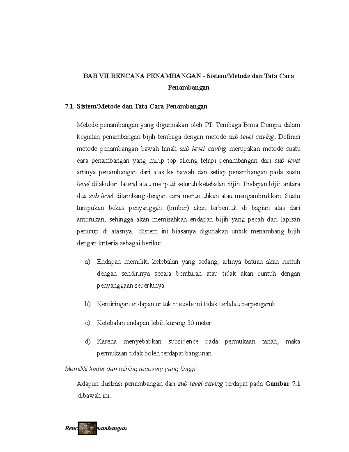 Rencana Penambangan BAB VII - Metode Sub Level Caving PT Tembaga Bima ...