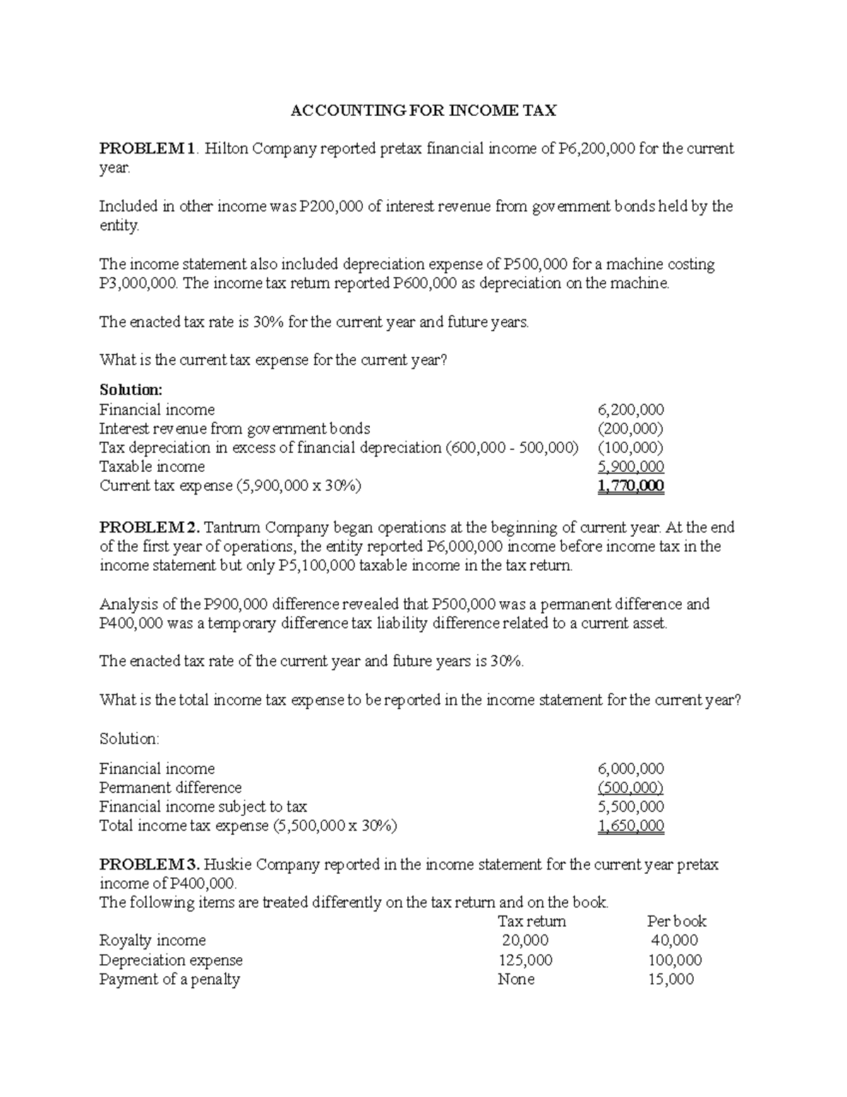 ACCOUNTING FOR INCOME TAX PROBLEMS 1-3: Solutions & Analysis - Studocu