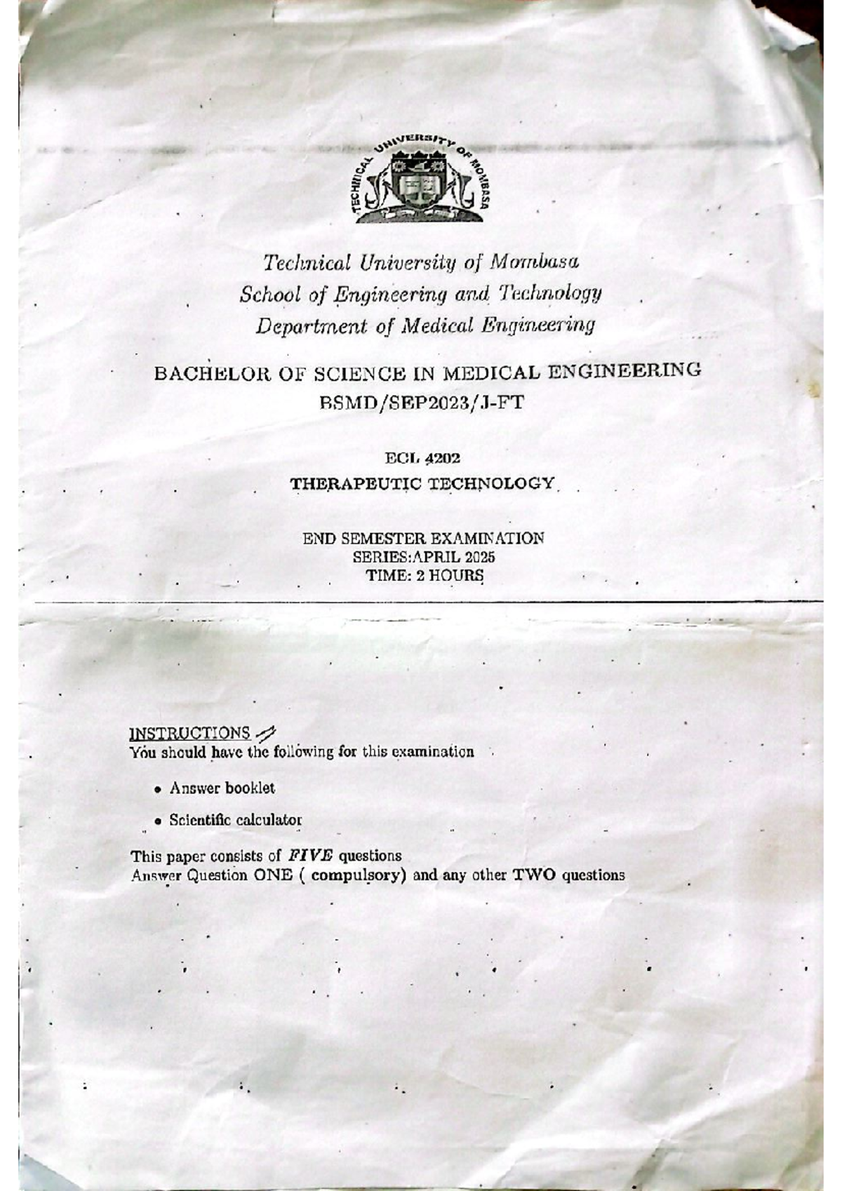 ECL 4202: Therapeutic Technology End Semester Exam Past Paper - April ...