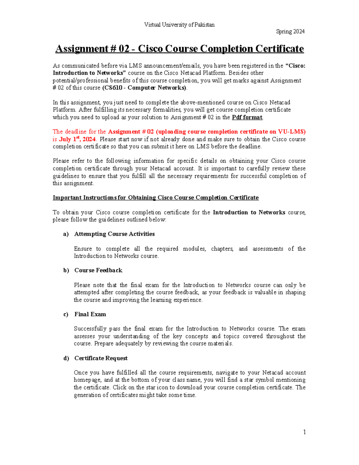 Spring 2024 CS610 Assignment #02: Cisco Course Completion Guide - Studocu