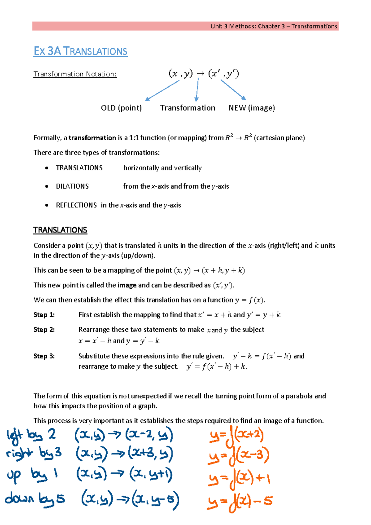 3 - maths - EX 3 A TRANSLATIONS Transformation Notation: (𝑥 , 𝑦) → (𝑥 ...