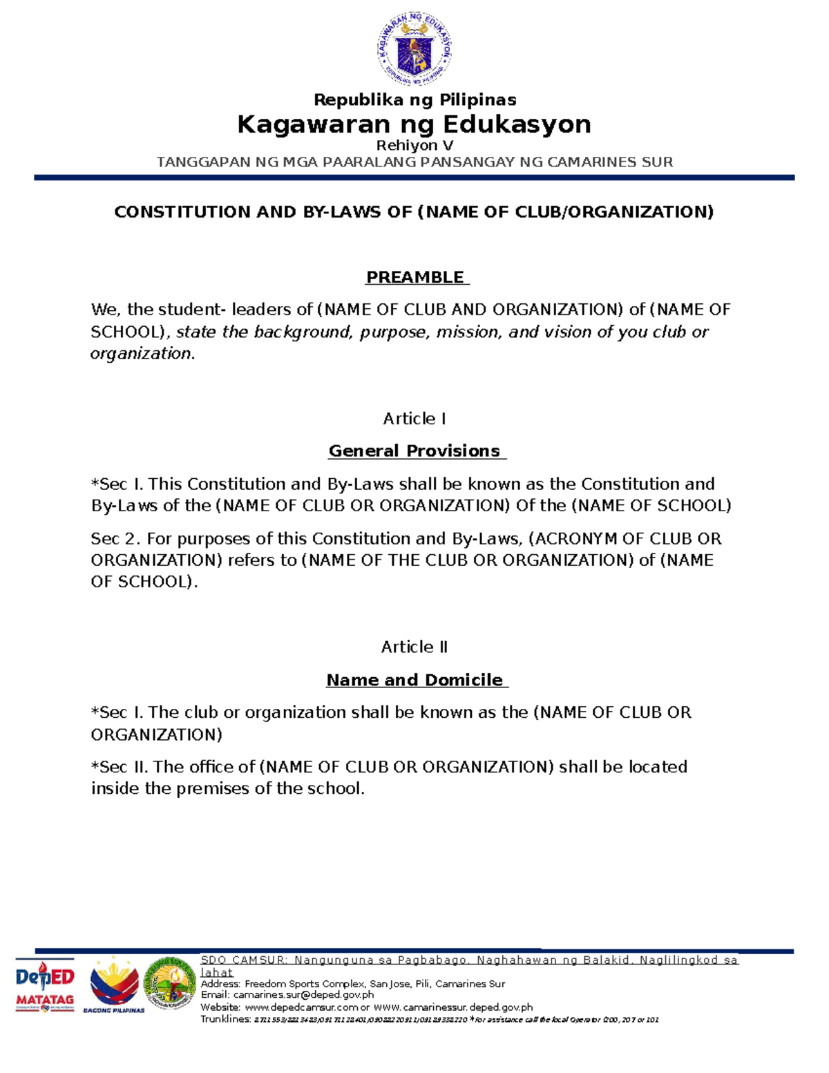 Constitution and By-Laws Template for Student Organizations (CBL) - Studocu