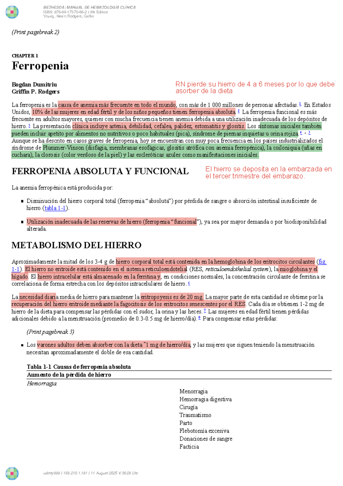 BETHESDA: MANUAL DE HEMATOLOGÍA CLÍNICA - CAPÍTULO 1: Ferropenia - Studocu