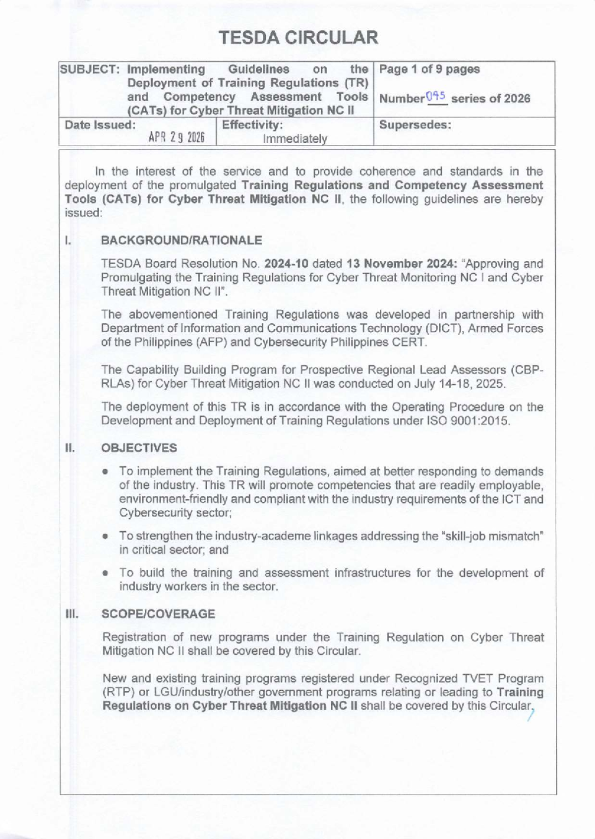TESDA Circular No. 045-2026: Guidelines for Cyber Threat Mitigation NC ...