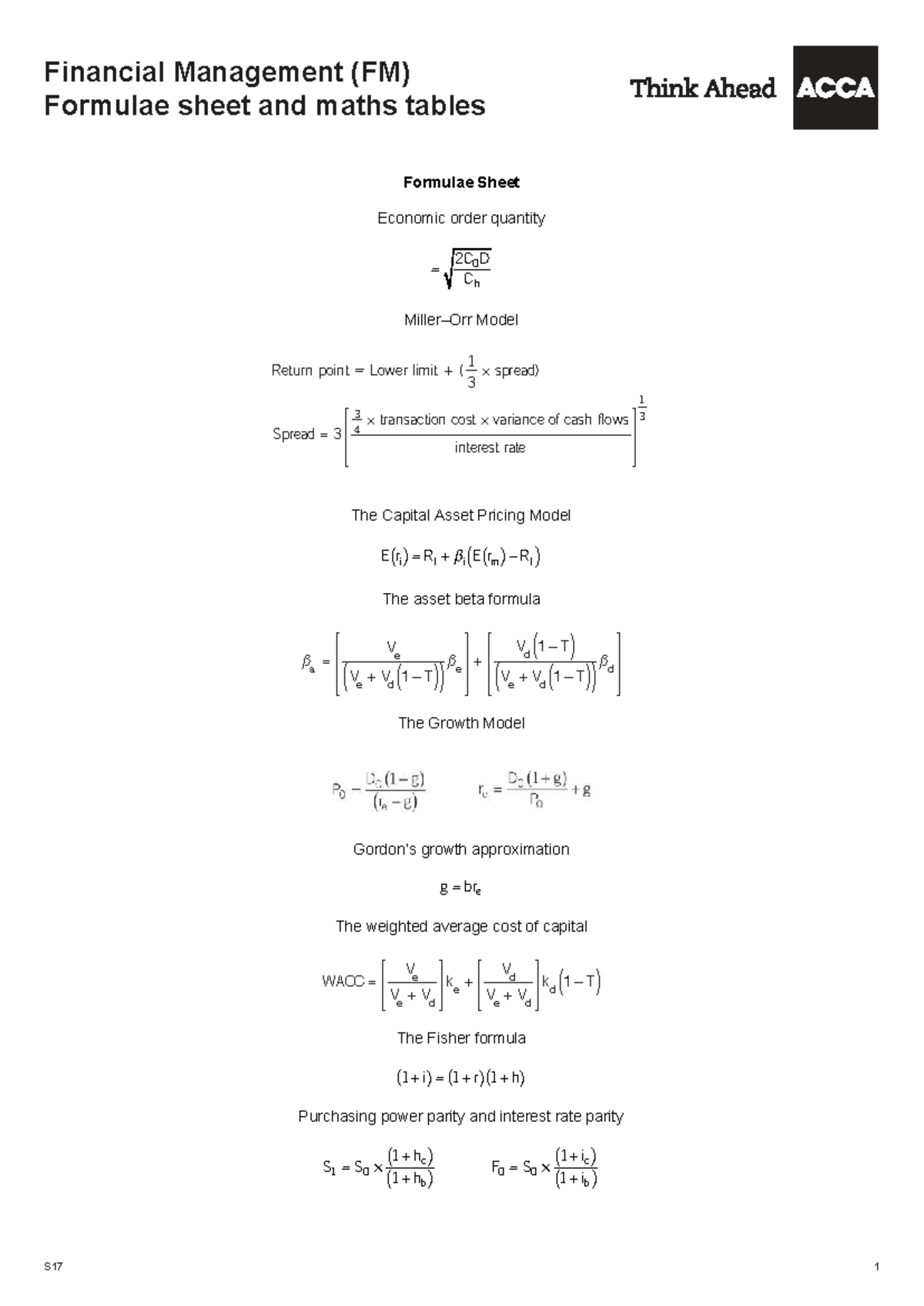 FM S17 Financial Management Formulae and Tables Guide - Studocu