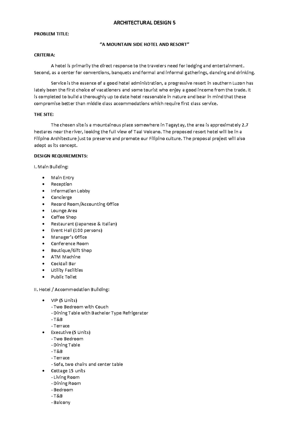 ARCH 5: Mountain Side Hotel Design Proposal and Requirements - Studocu