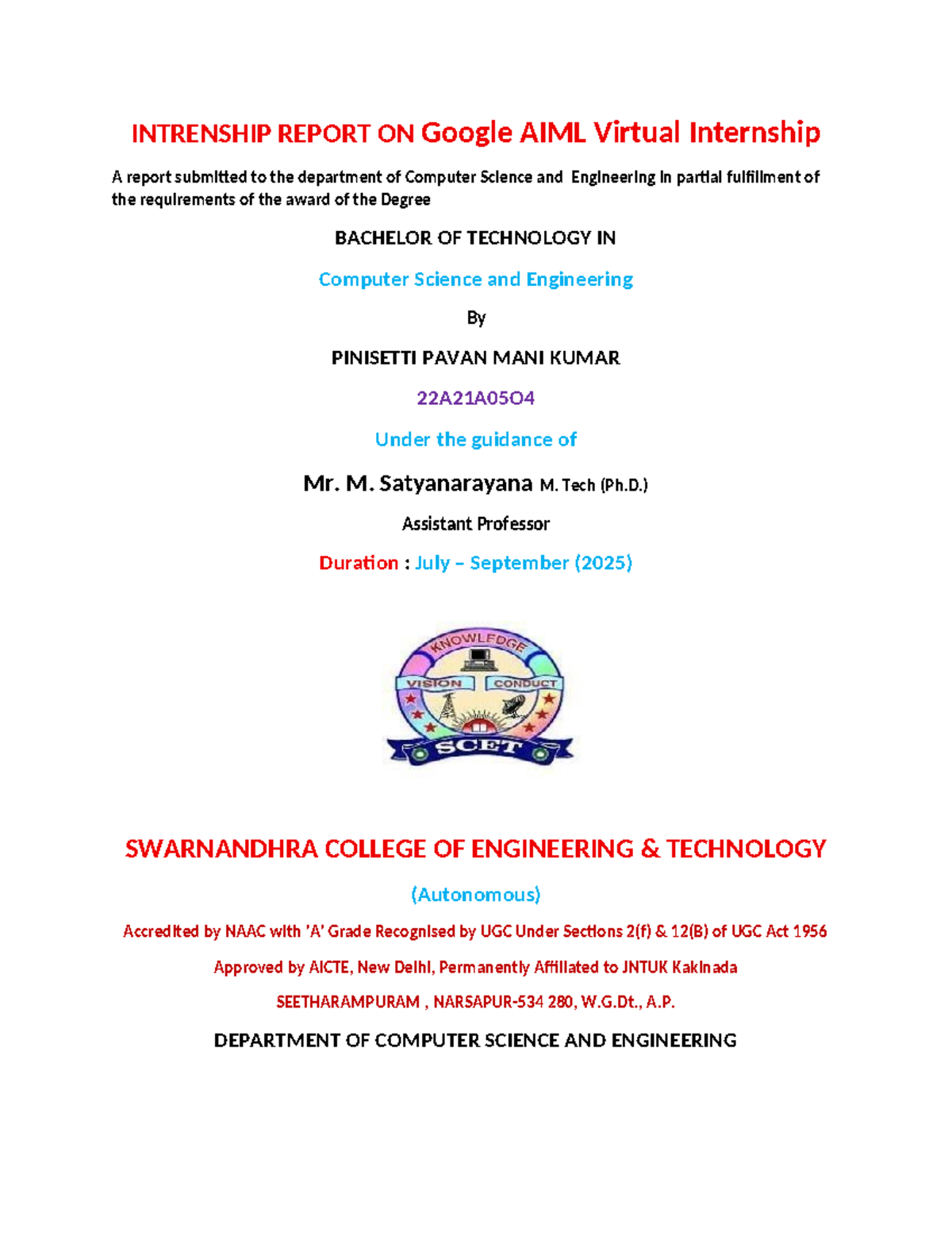 Internship Report: Google AIML Virtual Internship (B.Tech CSE) - Studocu