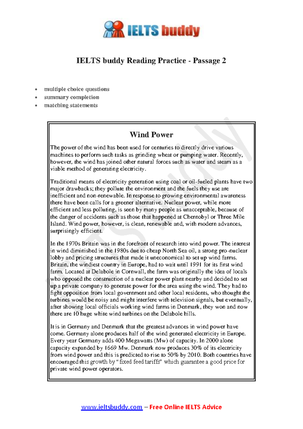 IELTS Academic Reading: Wind Power Passage 2 Summary & Questions - Studocu