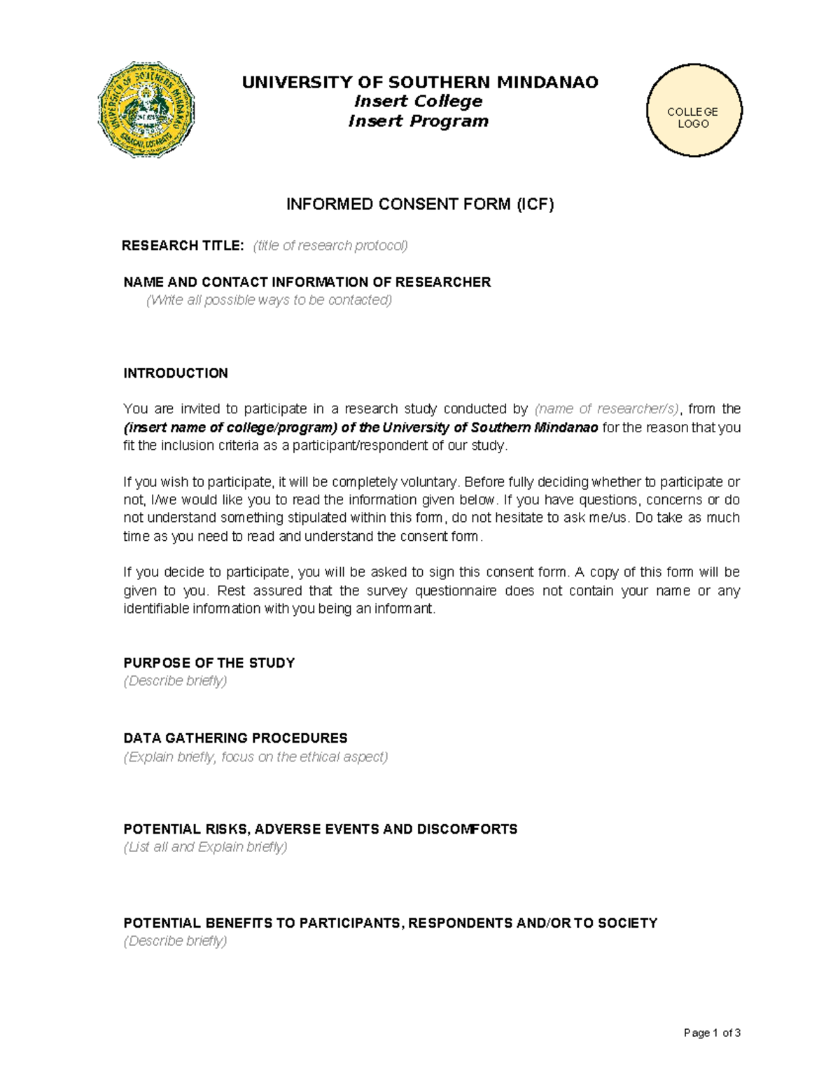 Informed Consent Form (ICF) for Research Participation at USM - Studocu